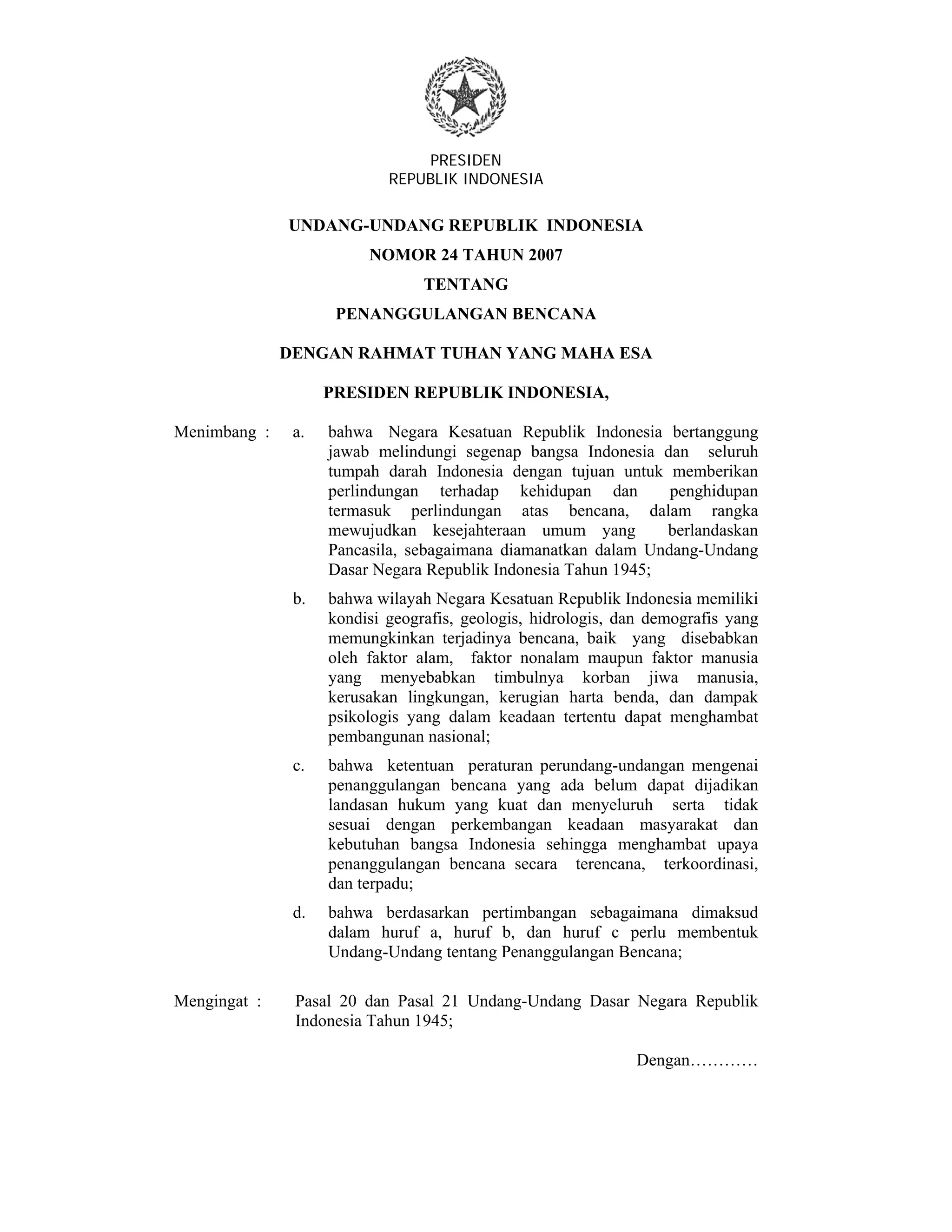 Undang undang nomor 24 tahun 2007 tentang penanggulangan bencana | PDF