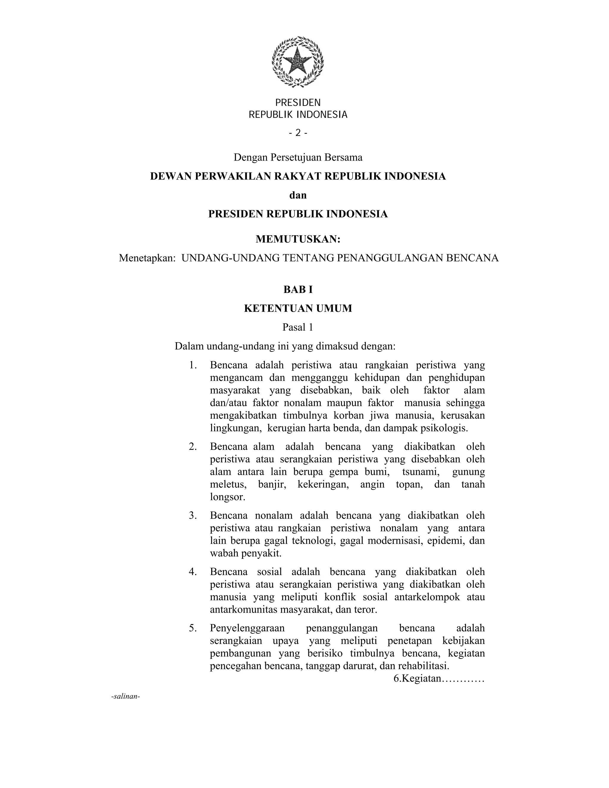 Undang undang nomor 24 tahun 2007 tentang penanggulangan bencana | PDF