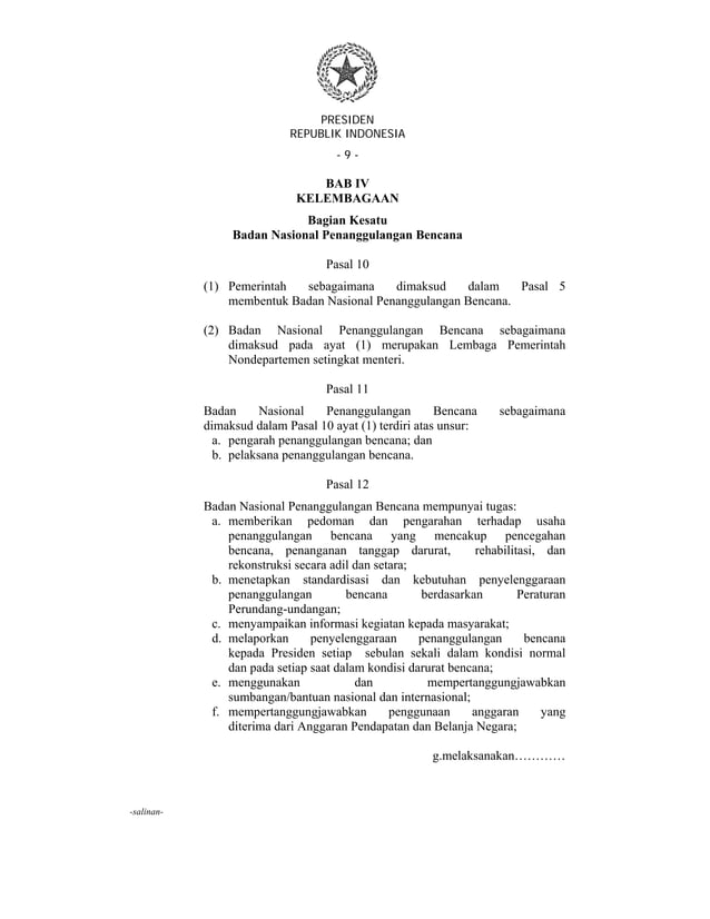 Undang undang nomor 24 tahun 2007 tentang penanggulangan bencana | PDF