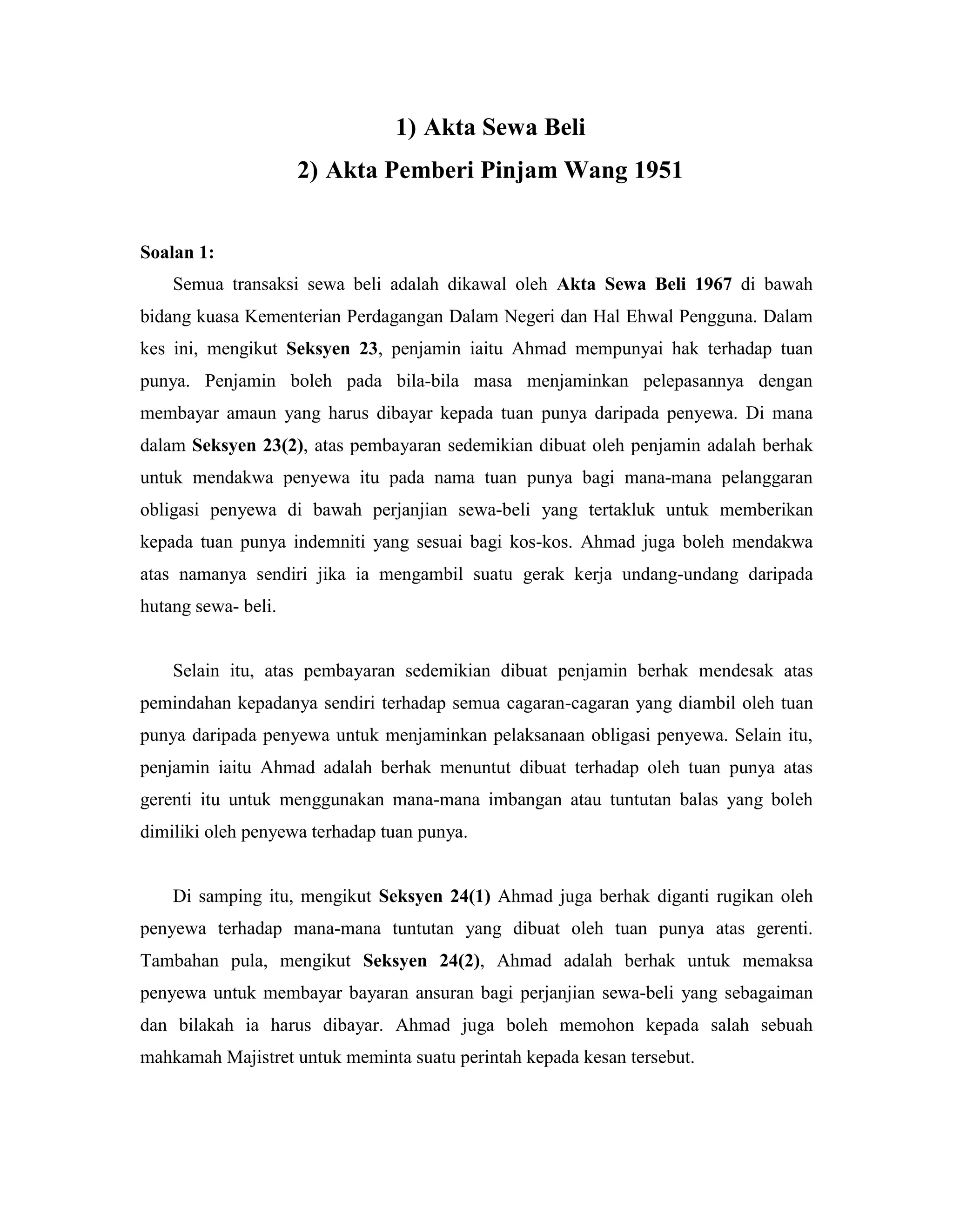 1) Akta Sewa Beli , Akta Pemberi Pinjam Wang 1951 | DOCX