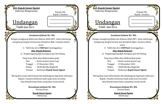 contoh undangan tahlil dengan menggunakan kertas a4 | PDF