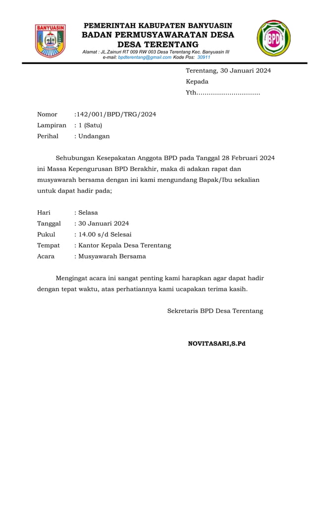 UNDANGAN BPD PILDES BADAN PERMUSYAWARATAN DESA | PDF
