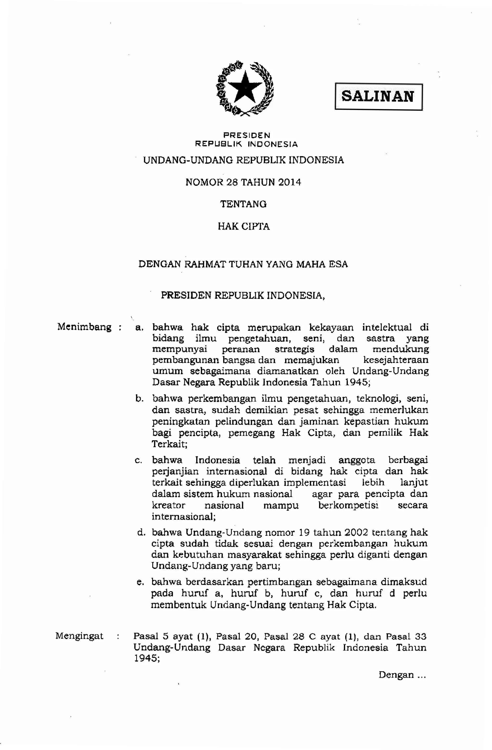 Undang undang hak cipta nomor 28 tahun 2014 | PDF