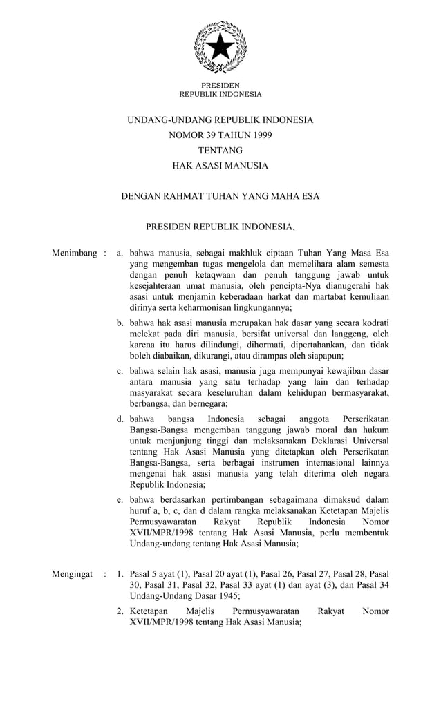 Undang Undang Nomor 39 Tahun 1999 | PDF