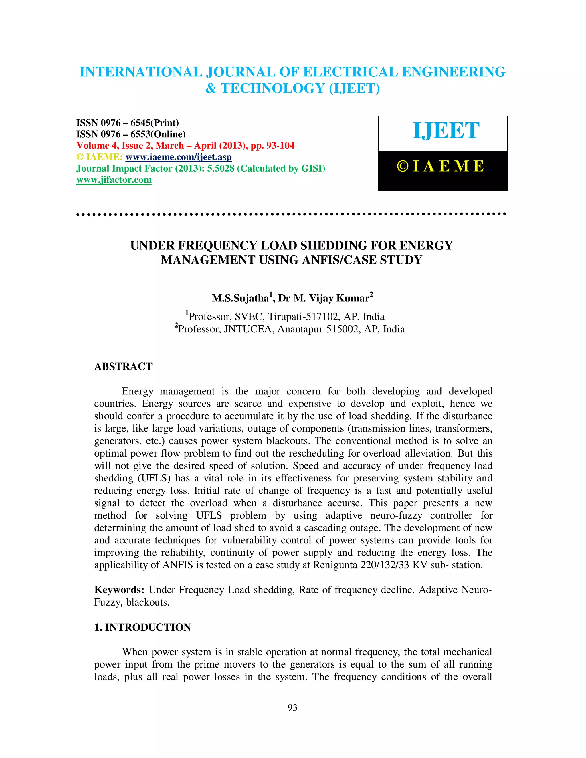 Under frequency load shedding for energy management using anfis case study | PDF | Internet of ...
