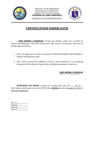 Under Oath for Teacher's ranking in Deped | DOCX