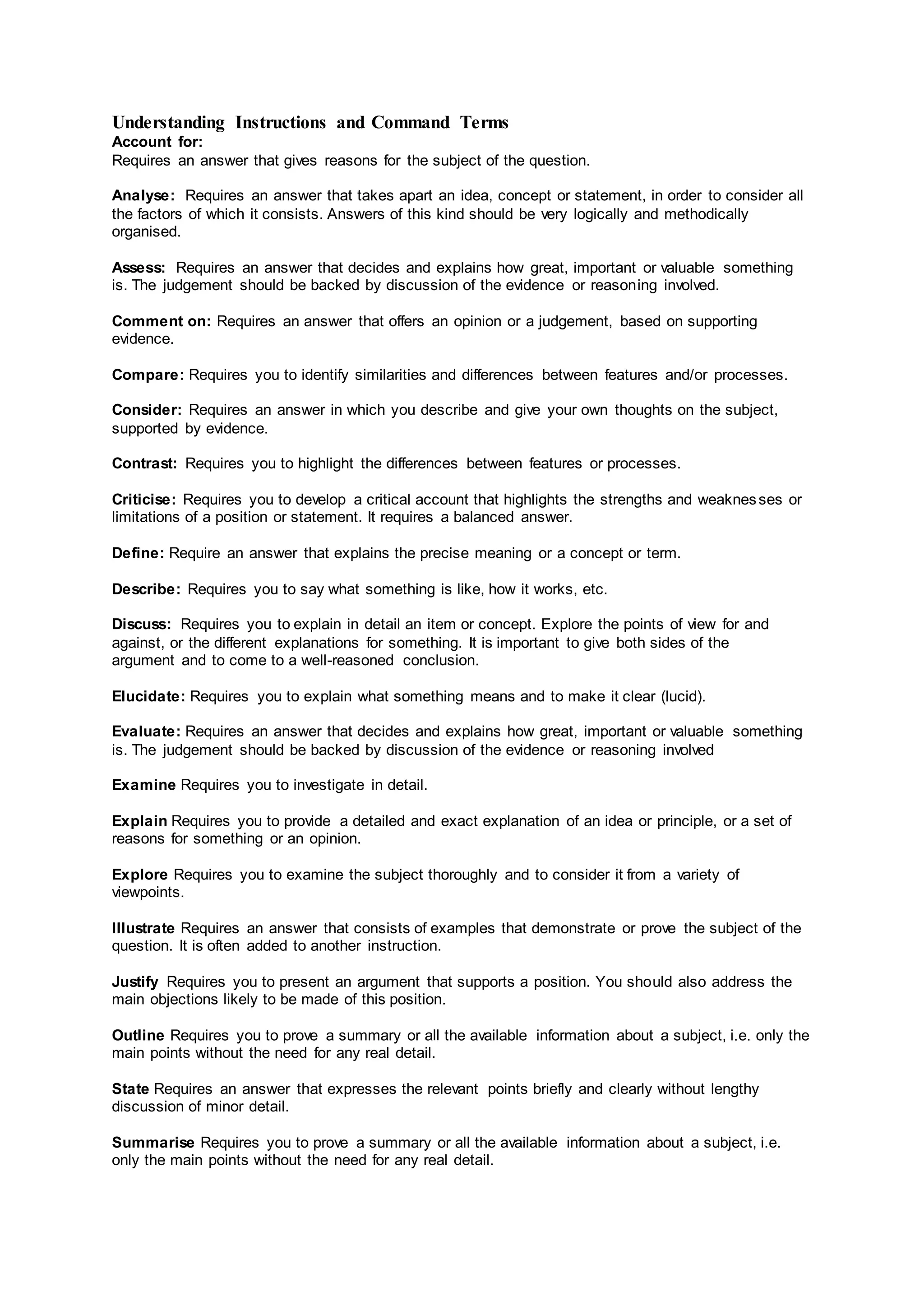Understanding Instructions And Command Terms | DOC