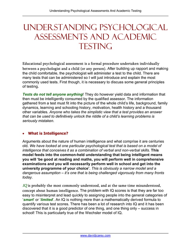 Understanding Psychological Assessments And Academic Testing | PDF ...