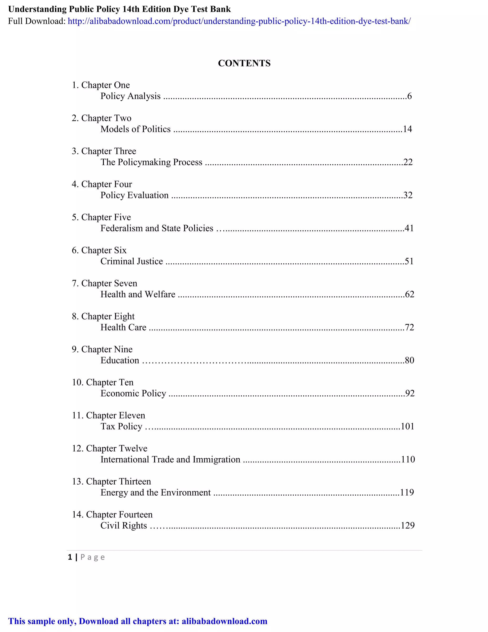 Understanding Public Policy 14th Edition Dye Test Bank | PDF