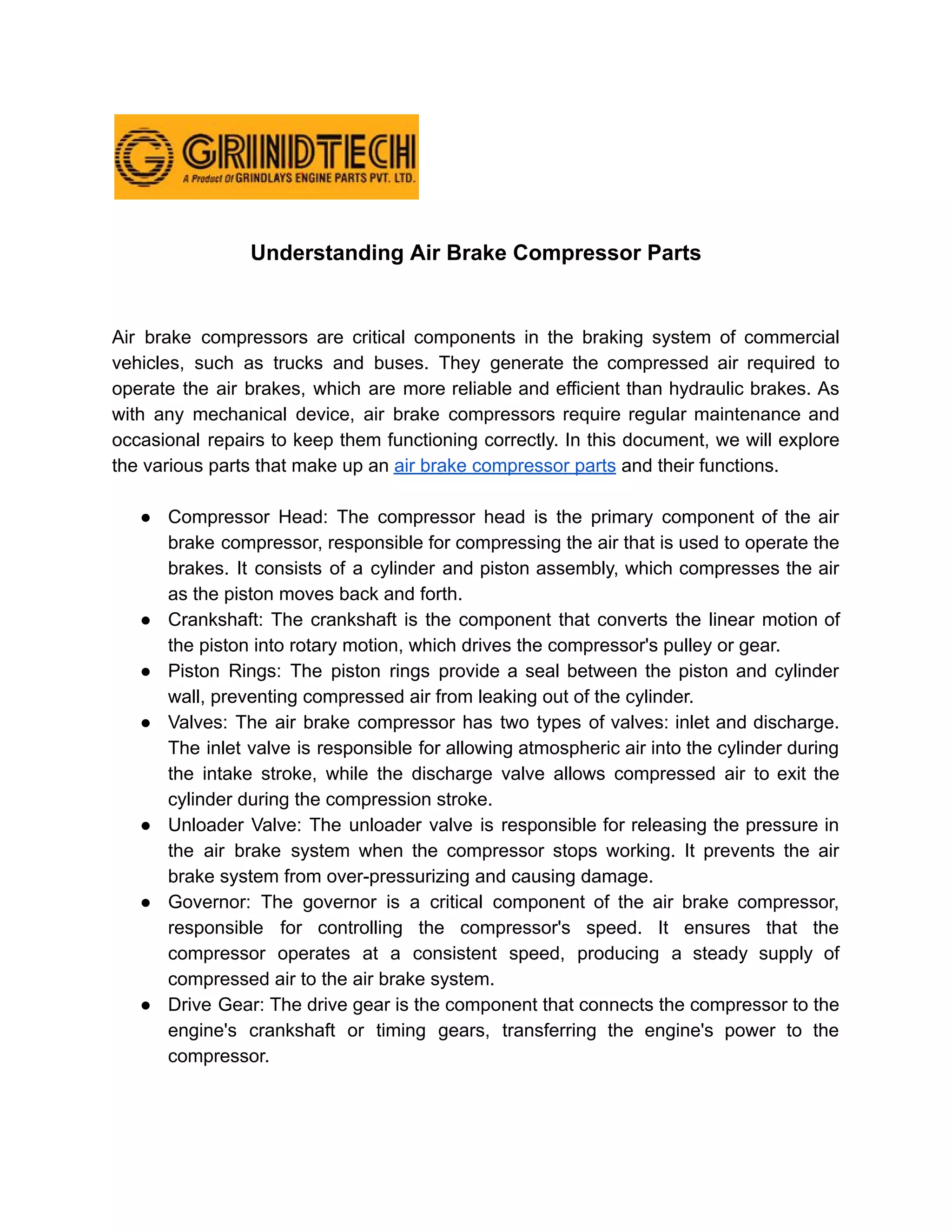 Understanding Air Brake Compressor Parts | PDF