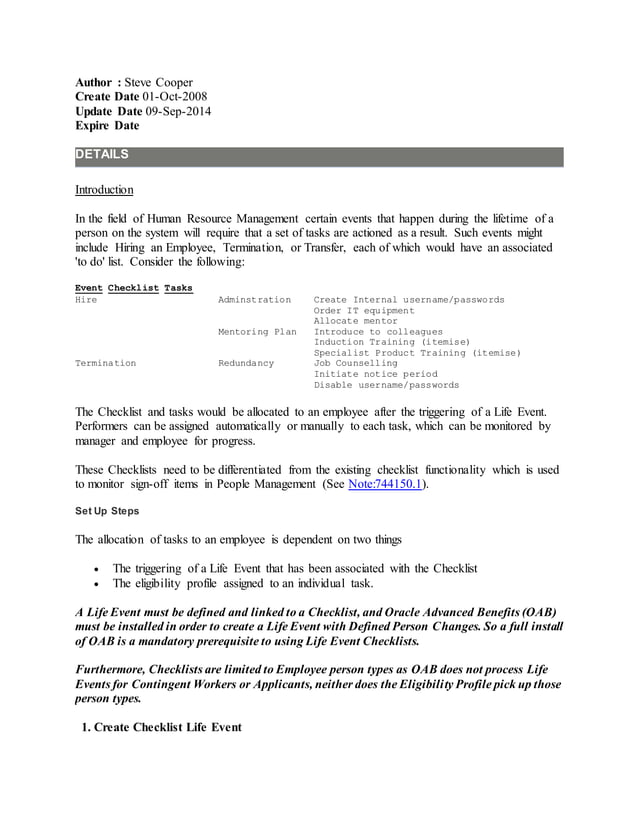 Understanding and using life event checklists in oracle hrms r12 | DOCX