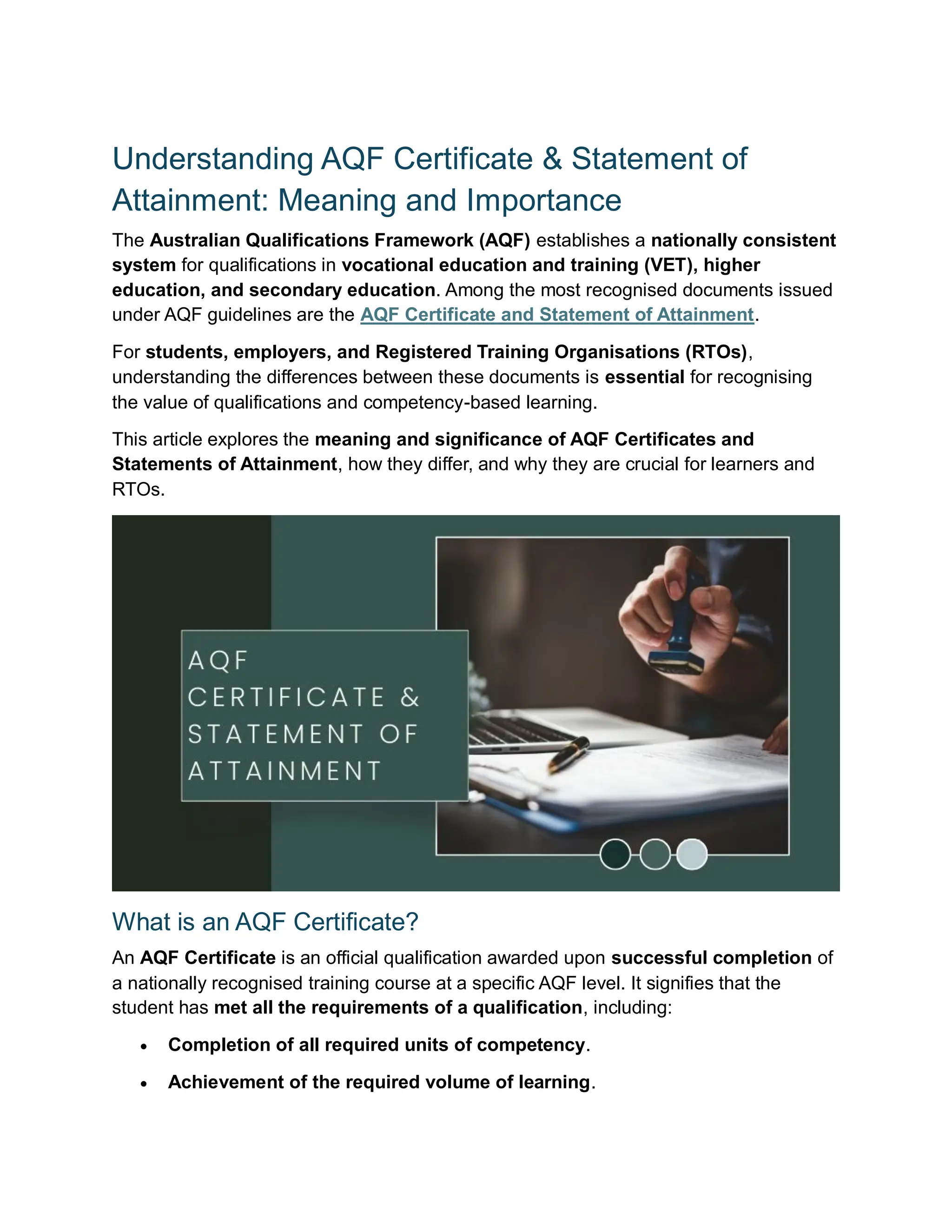 QF Certificate vs Statement of Attainment | PDF