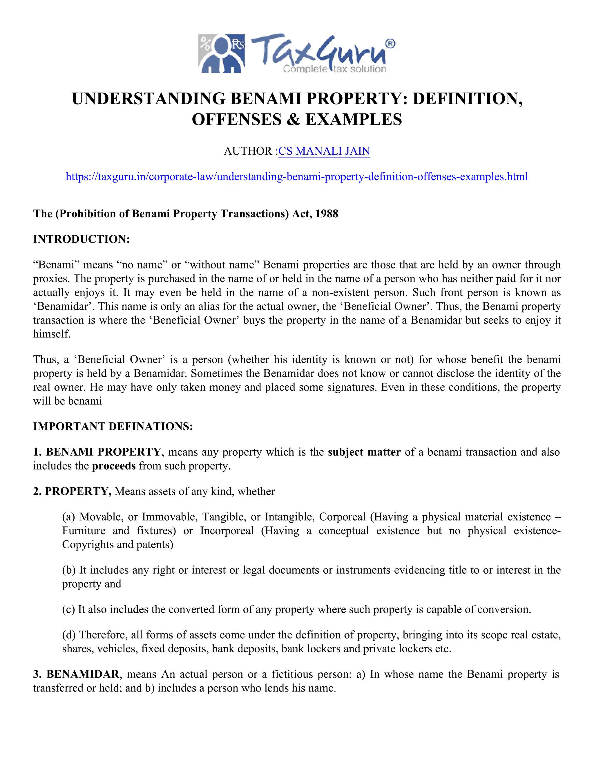 Understanding Benami Property_ Definition, Offenses & Examples- taxguru ...