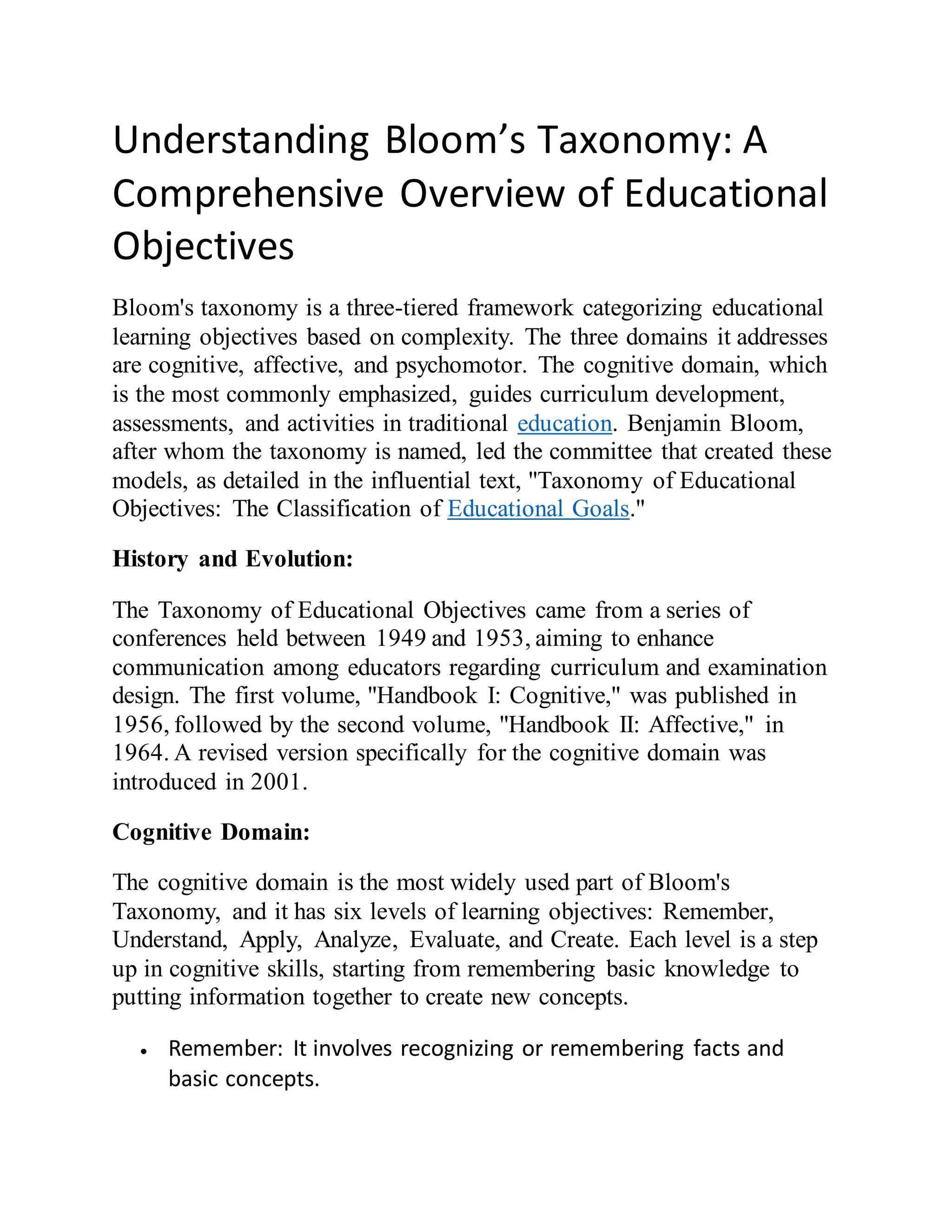 Understanding Bloom’s Taxonomy: A Comprehensive Overview of Educational Objectives | PDF