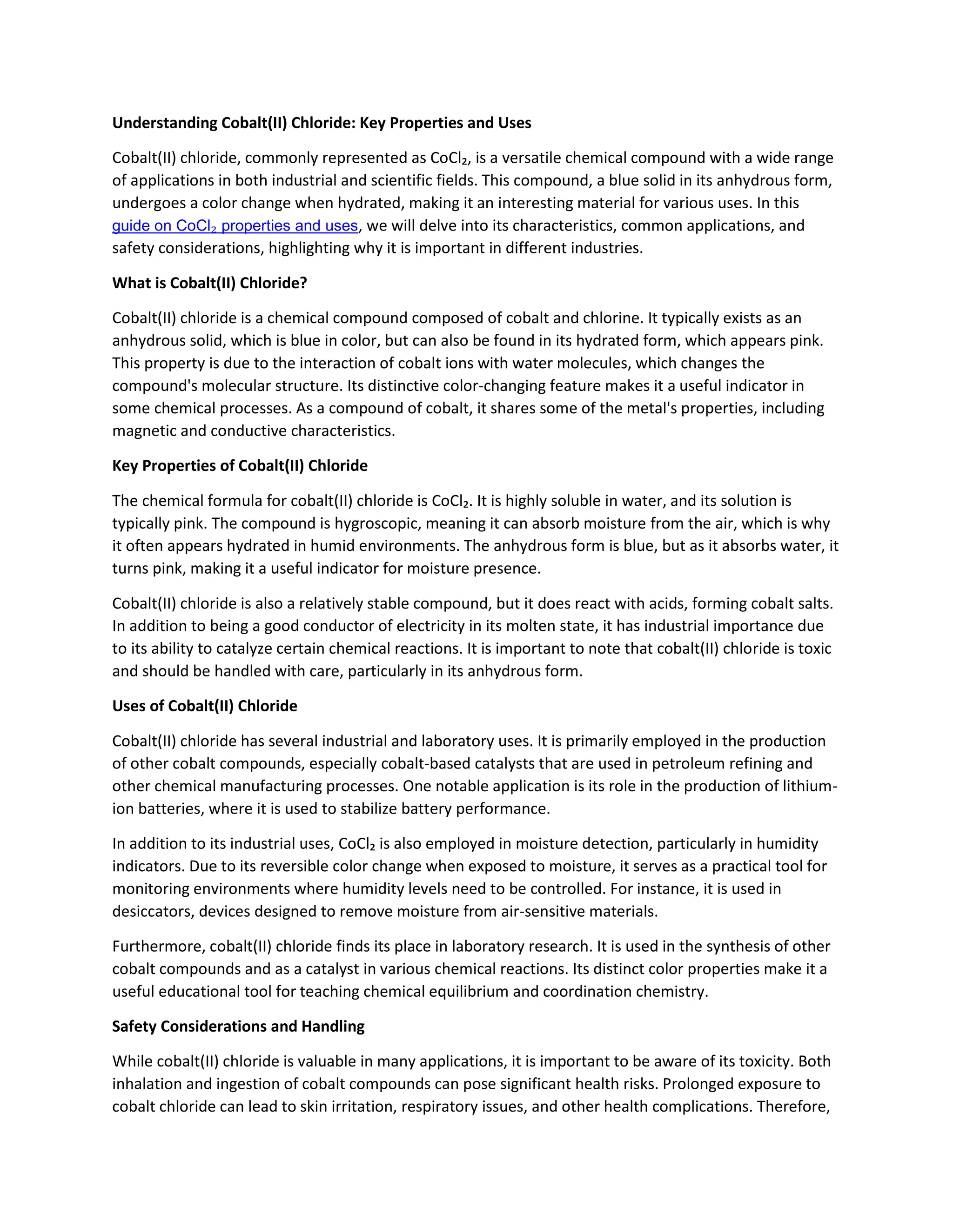 Understanding Cobalt(II) Chloride: Key Properties and Uses | PDF