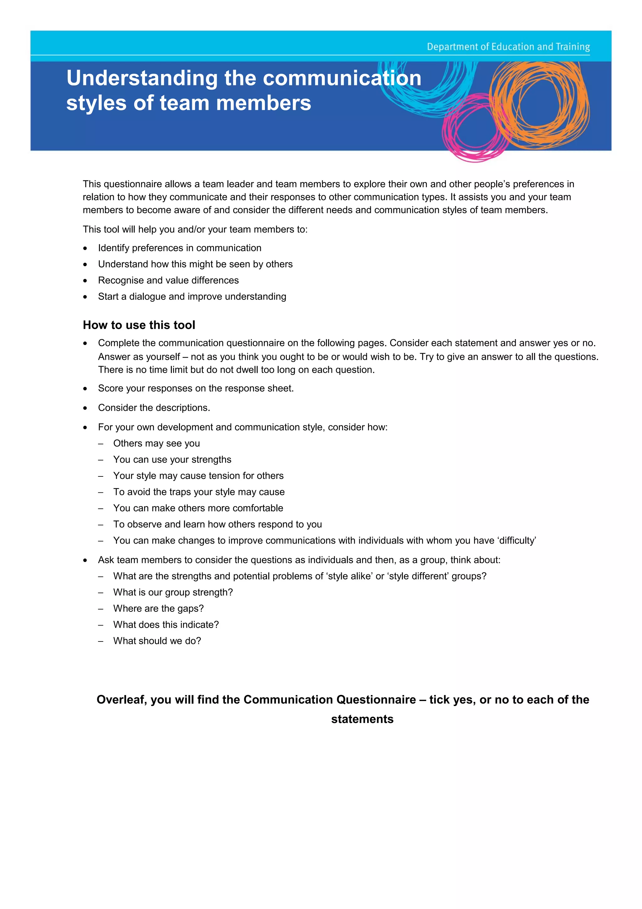 Free Tool - Understanding communication styles questionnaire | DOC