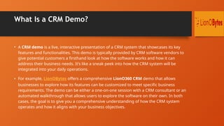 Understanding CRM Demo Features: A Beginner's Guide | LionO360 CRM | PPTX