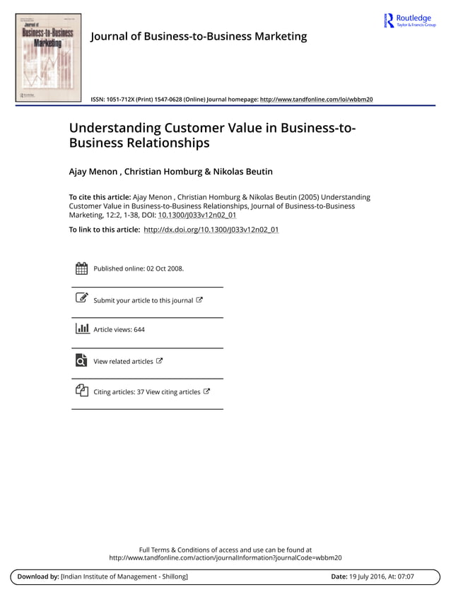 Understanding customer value in business to business relationships | PDF