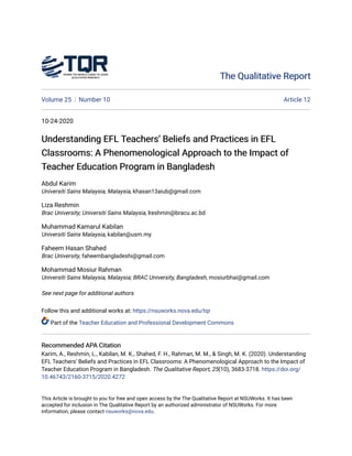 Understanding EFL Teachers’ Beliefs and Practices in EFL Classrooms: A ...
