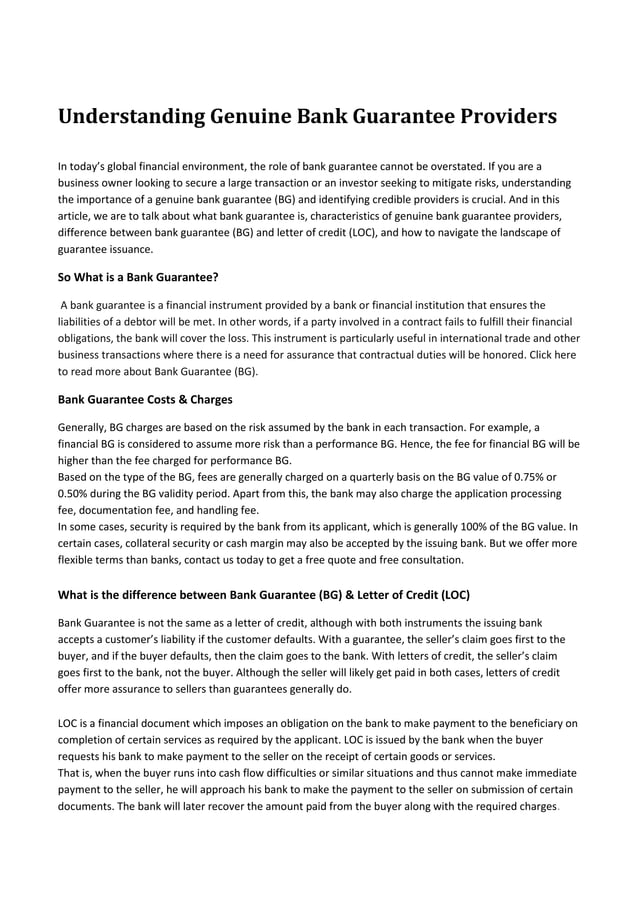 Understanding Genuine Bank Guarantee Providers | PDF | Business Banking ...