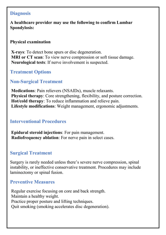 Understanding Lumbar Spondylosis: Causes, Symptoms, and Treatment | PDF