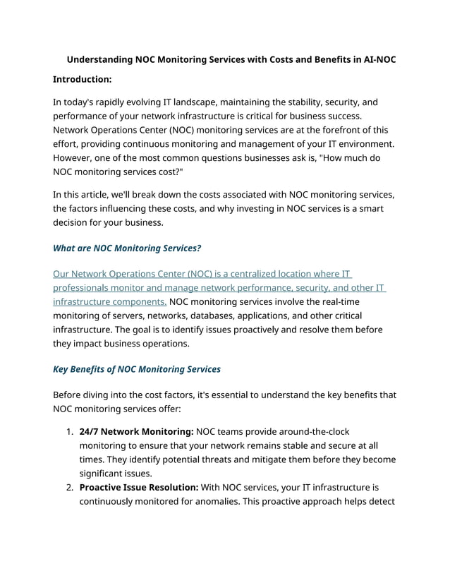 Understanding NOC Monitoring Services with Costs and Benefits in AI-NOC.docx | Computer ...