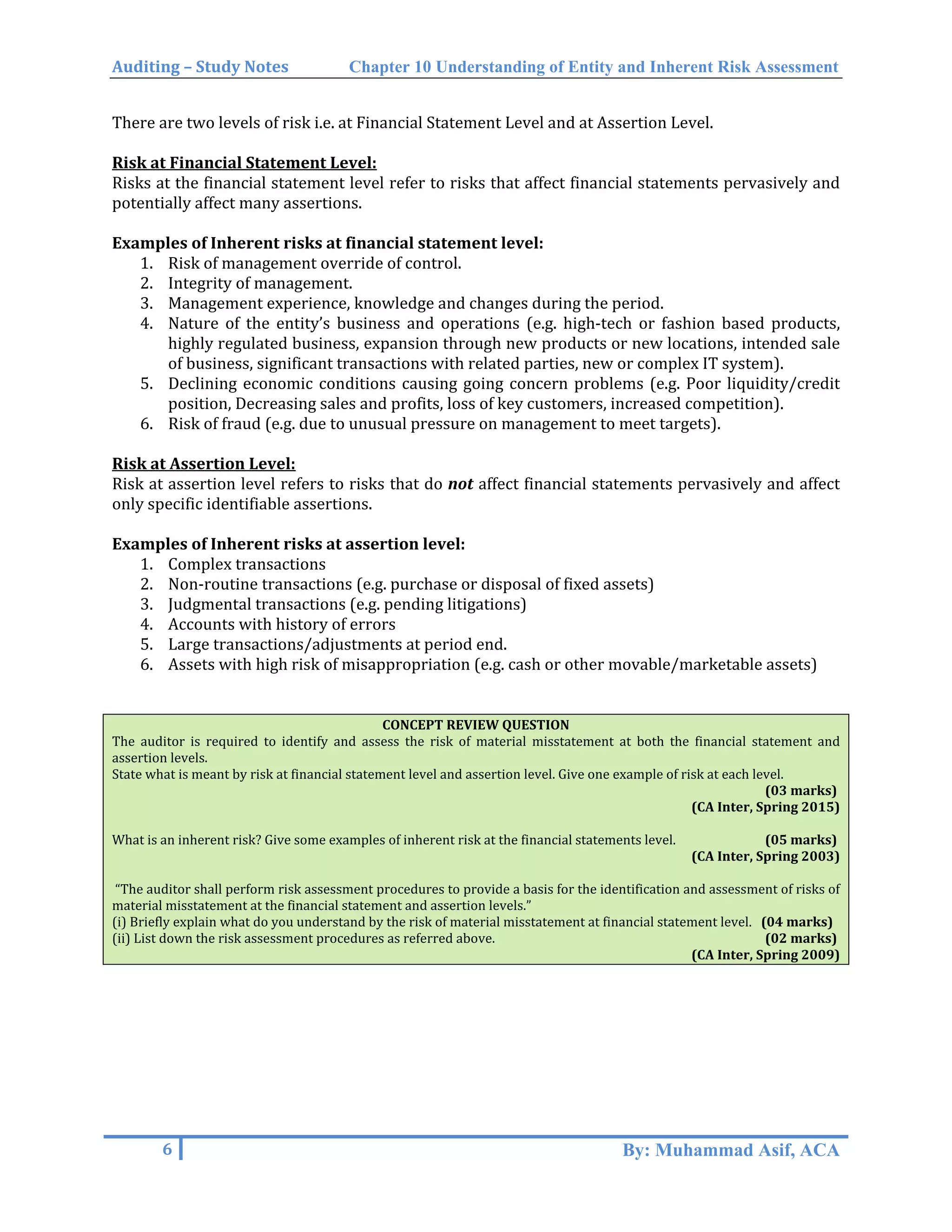 Understanding of entity and inherent risk assessment (including case ...