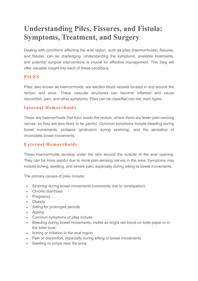 Understanding Piles, Fissures, and Fistula - Symptoms, Treatment, and Surgery.docx | First Aid ...