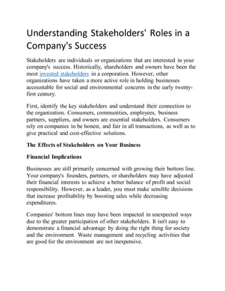Understanding Stakeholders' Roles in a Company's Success | PDF