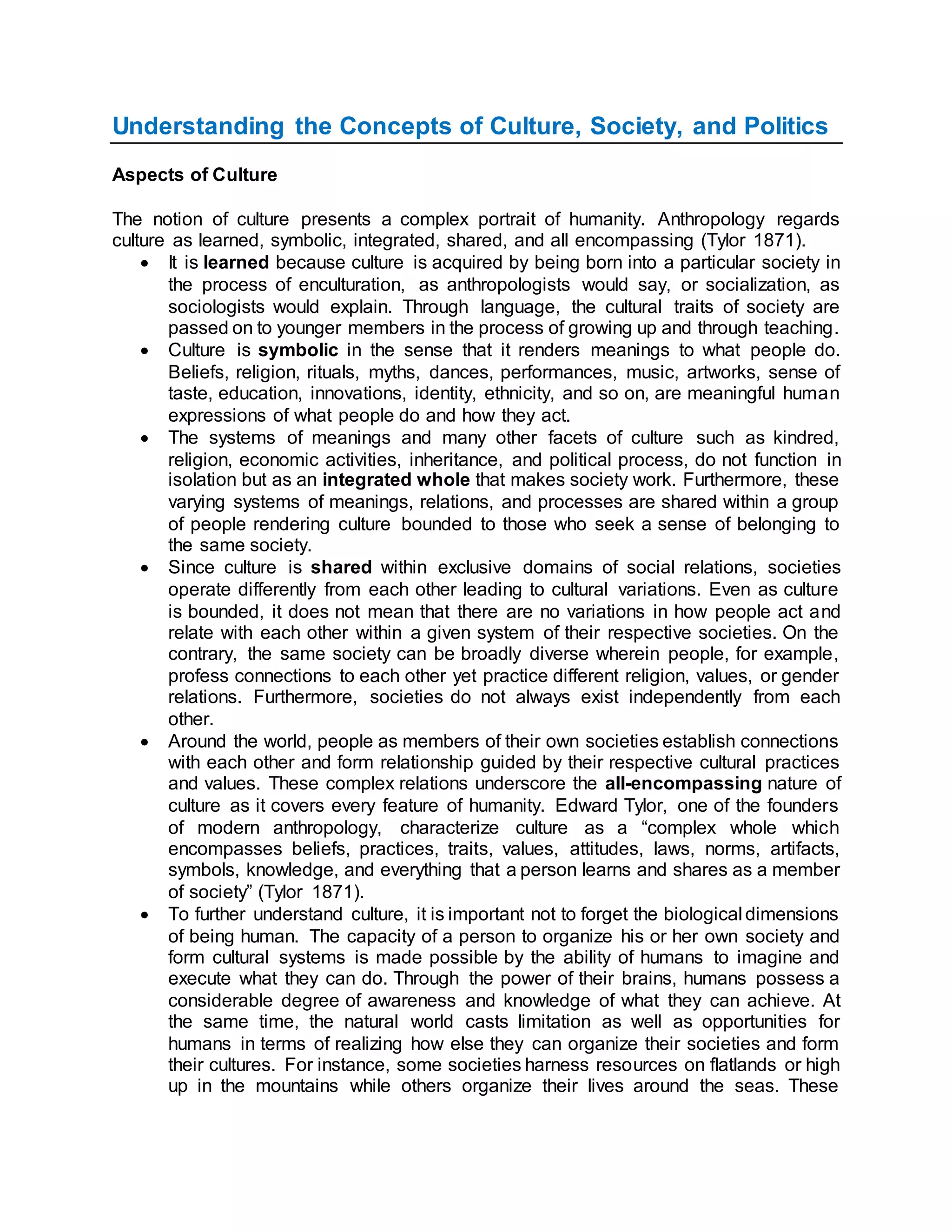 Understanding the concepts of culture, society and politics | DOCX