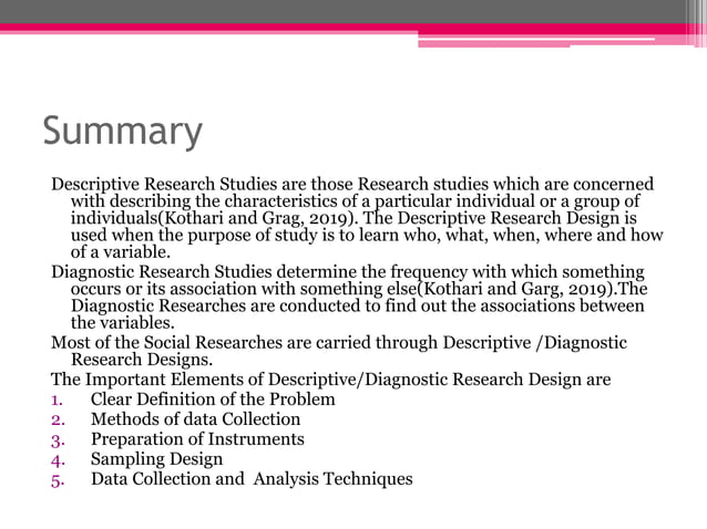 Understanding the Descriptive/ Diagnostic Research Design | PPTX