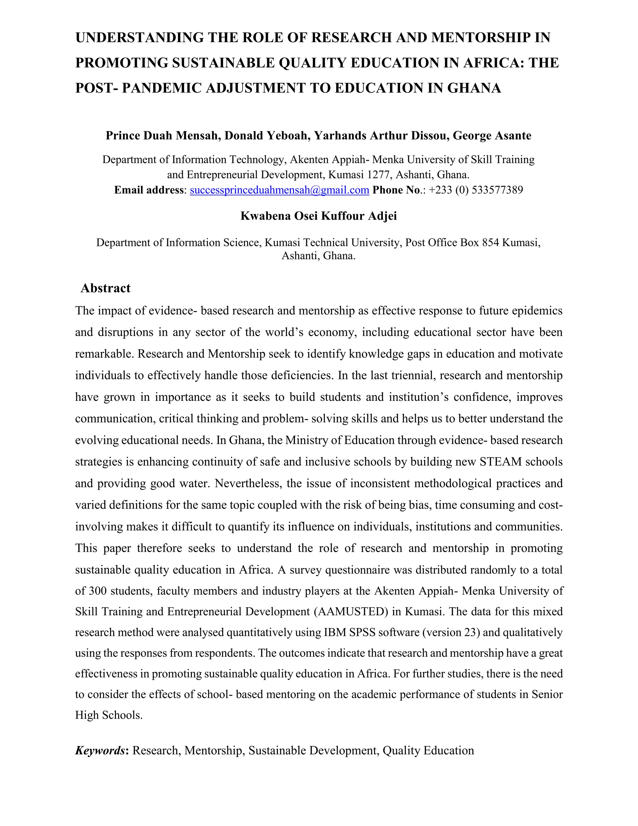 UNDERSTANDING THE ROLE OF RESEARCH AND MENTORSHIP IN PROMOTING ...