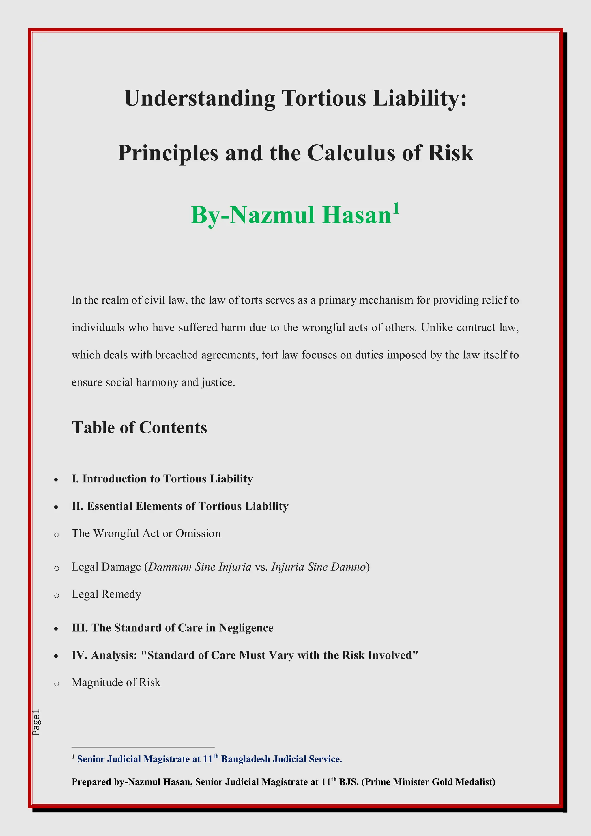 Understanding Tortious Liability: Principles and the Calculus of Risk ...