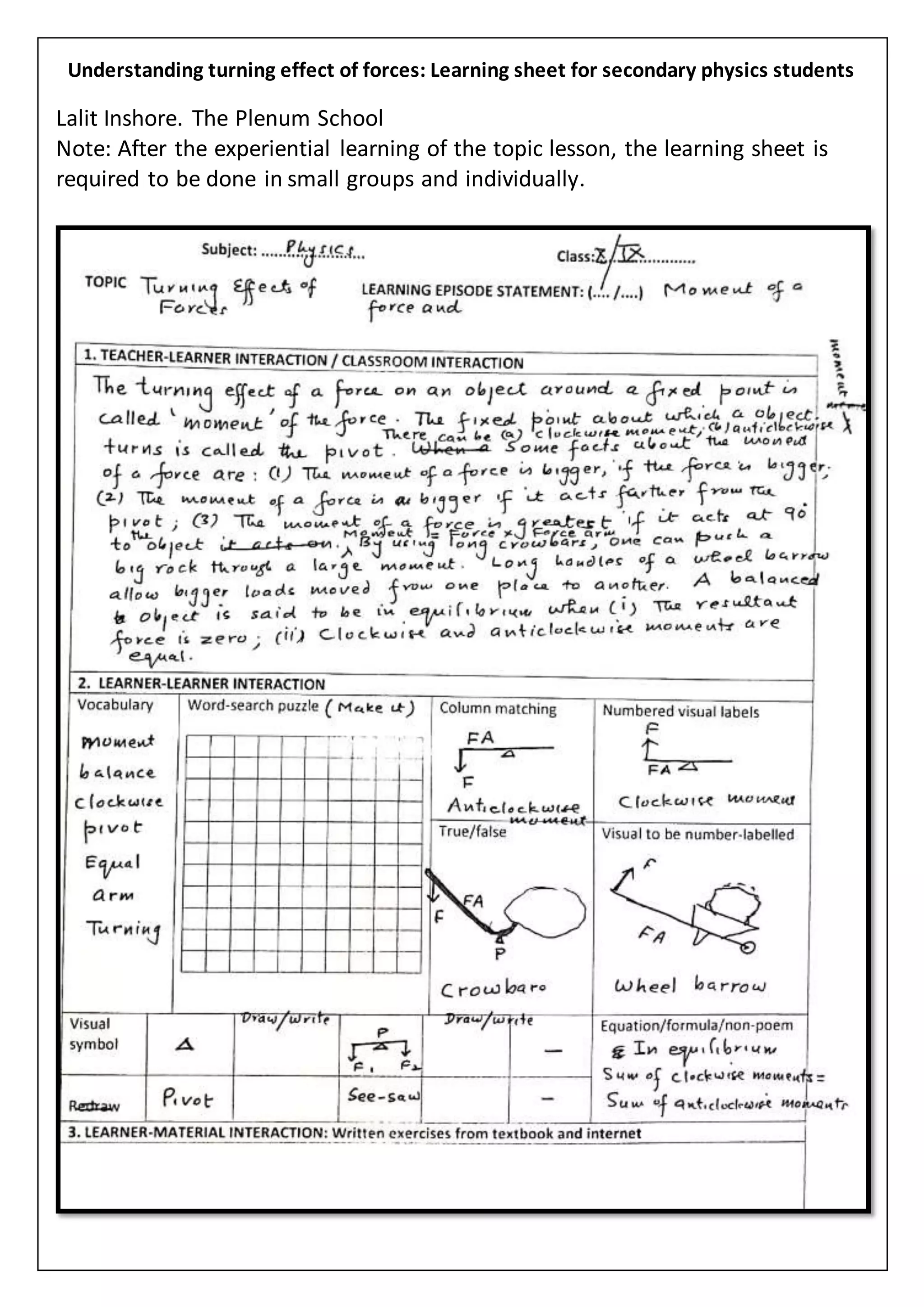 Understanding turning effect of forces: Learning sheet for secondary ...