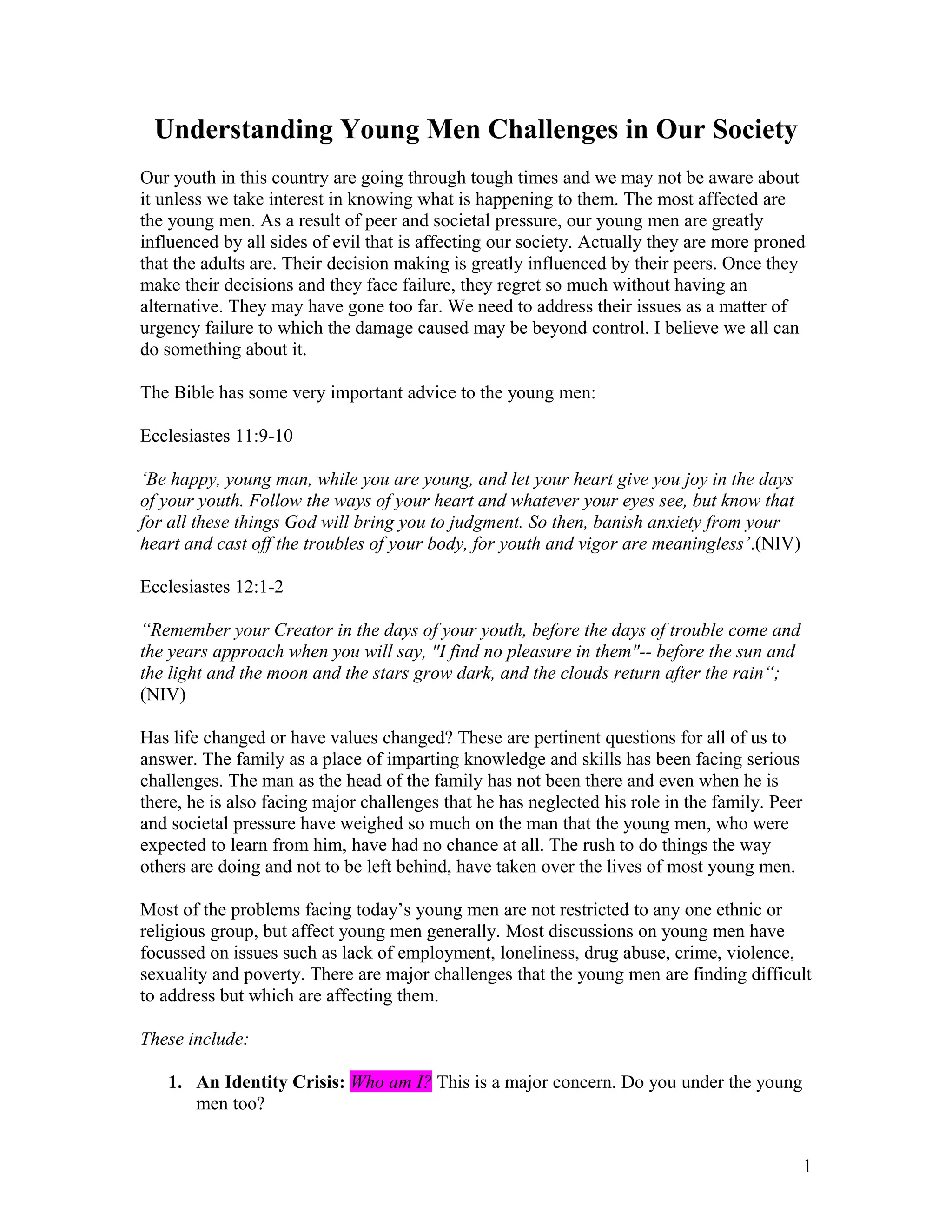 Understanding Young Men Challenges in Our Society | PDF