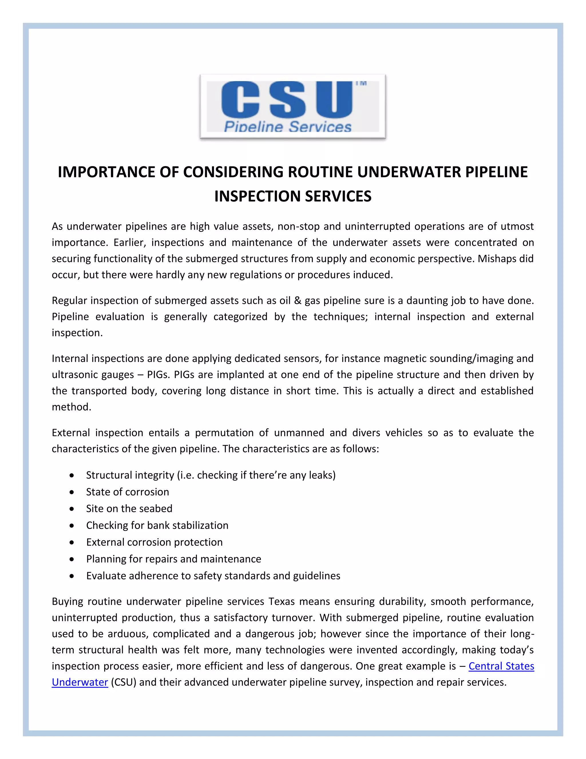 Underwater Pipeline Inspection Services | PDF