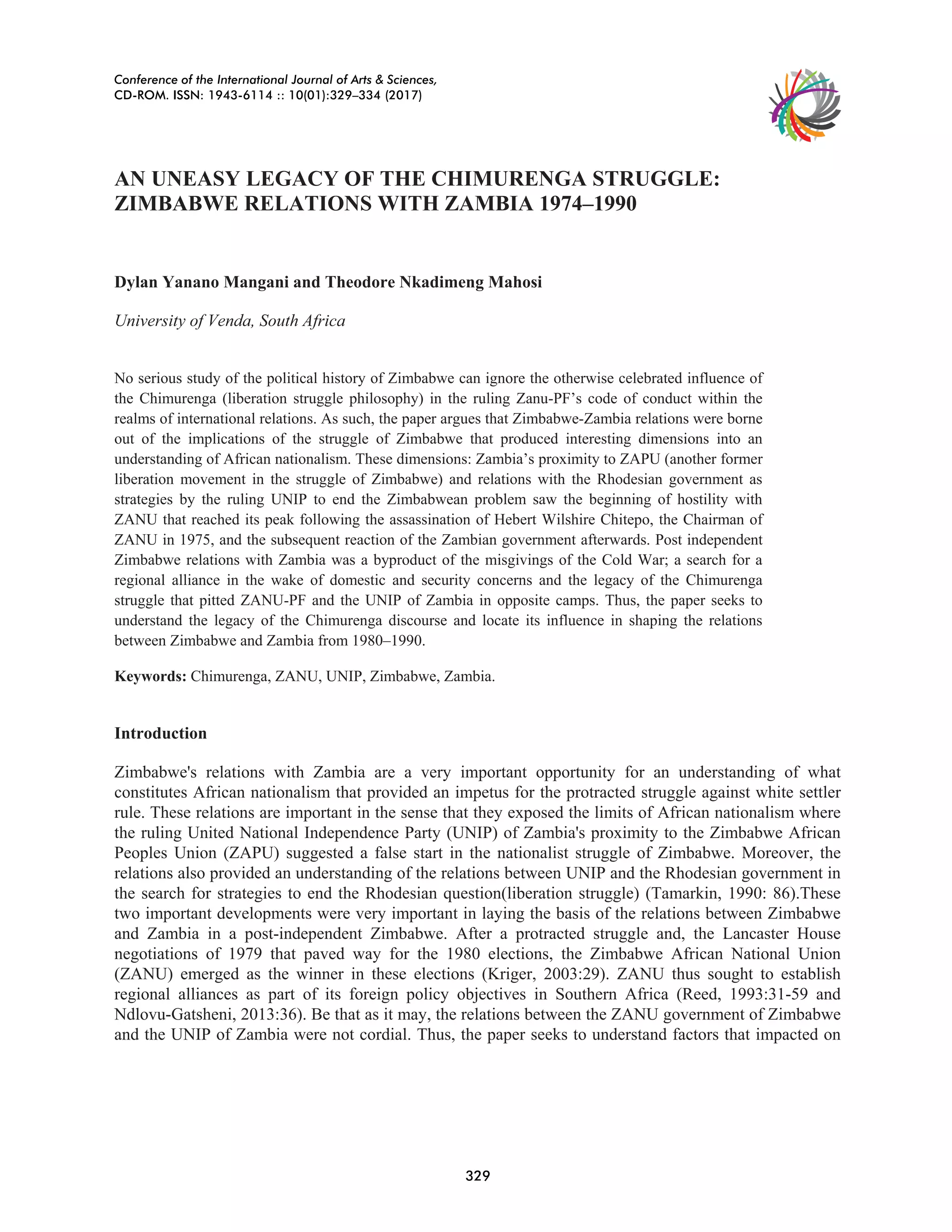 Uneasy Legacy of the Chimurenga Struggle Zimbabwe Relations with Zambia ...