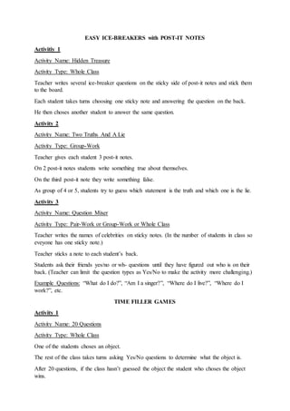 Unexpected Extra Time Fillers for ESL Classrooms | DOCX