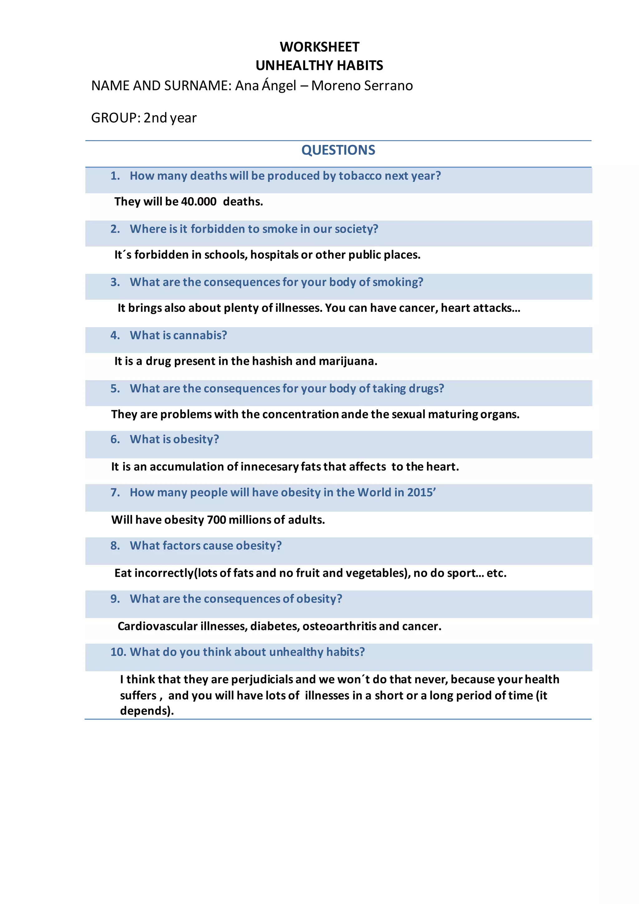Unhealthy habits worksheet | DOCX | Smoking Cessation | Wellness