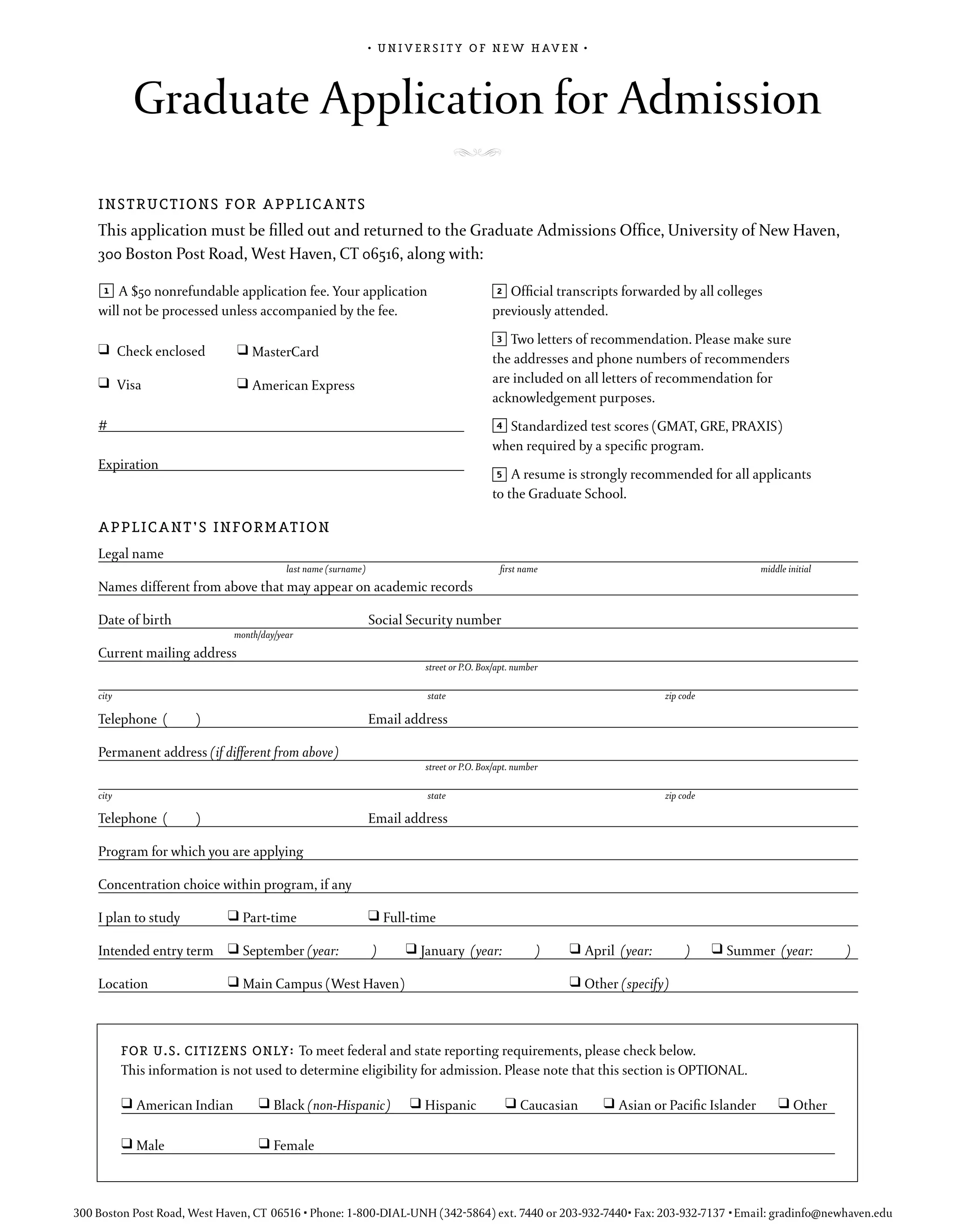University of New Haven Graduate School Application | PDF