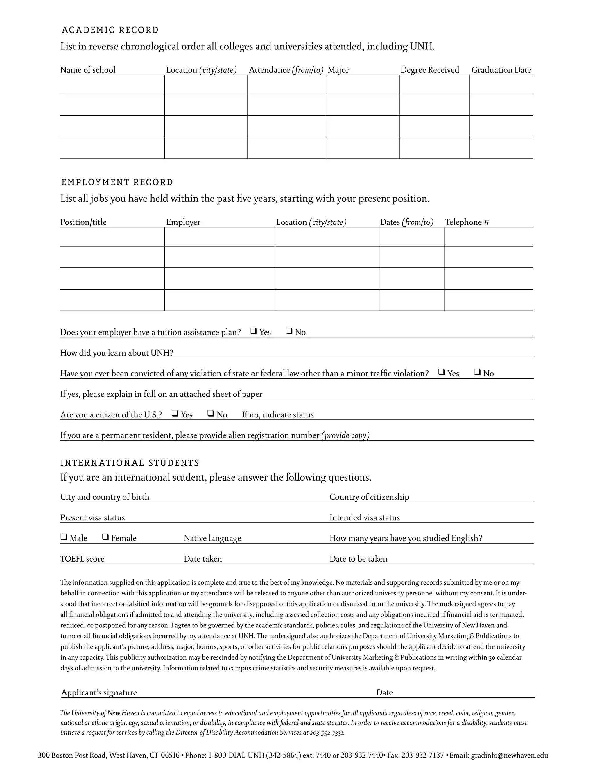 University of New Haven Graduate School Application | PDF