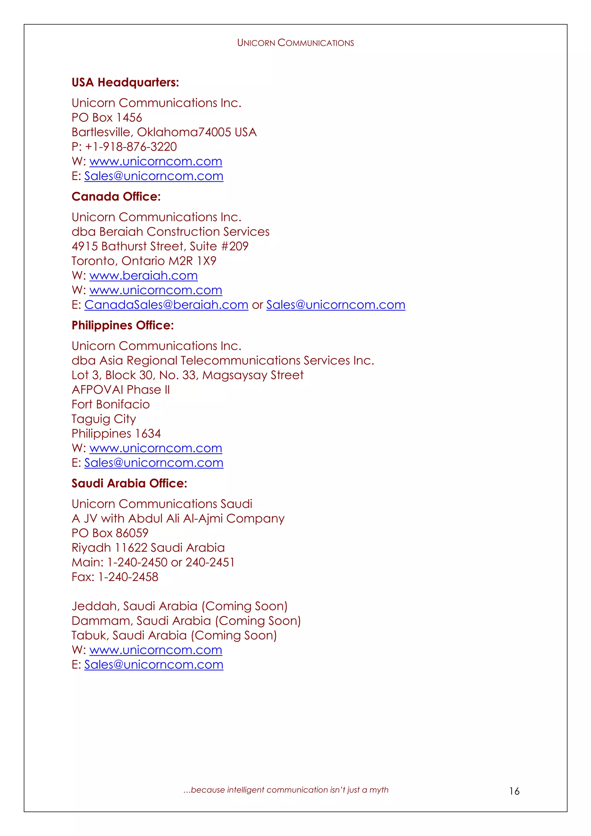 Unicorn Communications Company Product Profile V1.1 | PDF