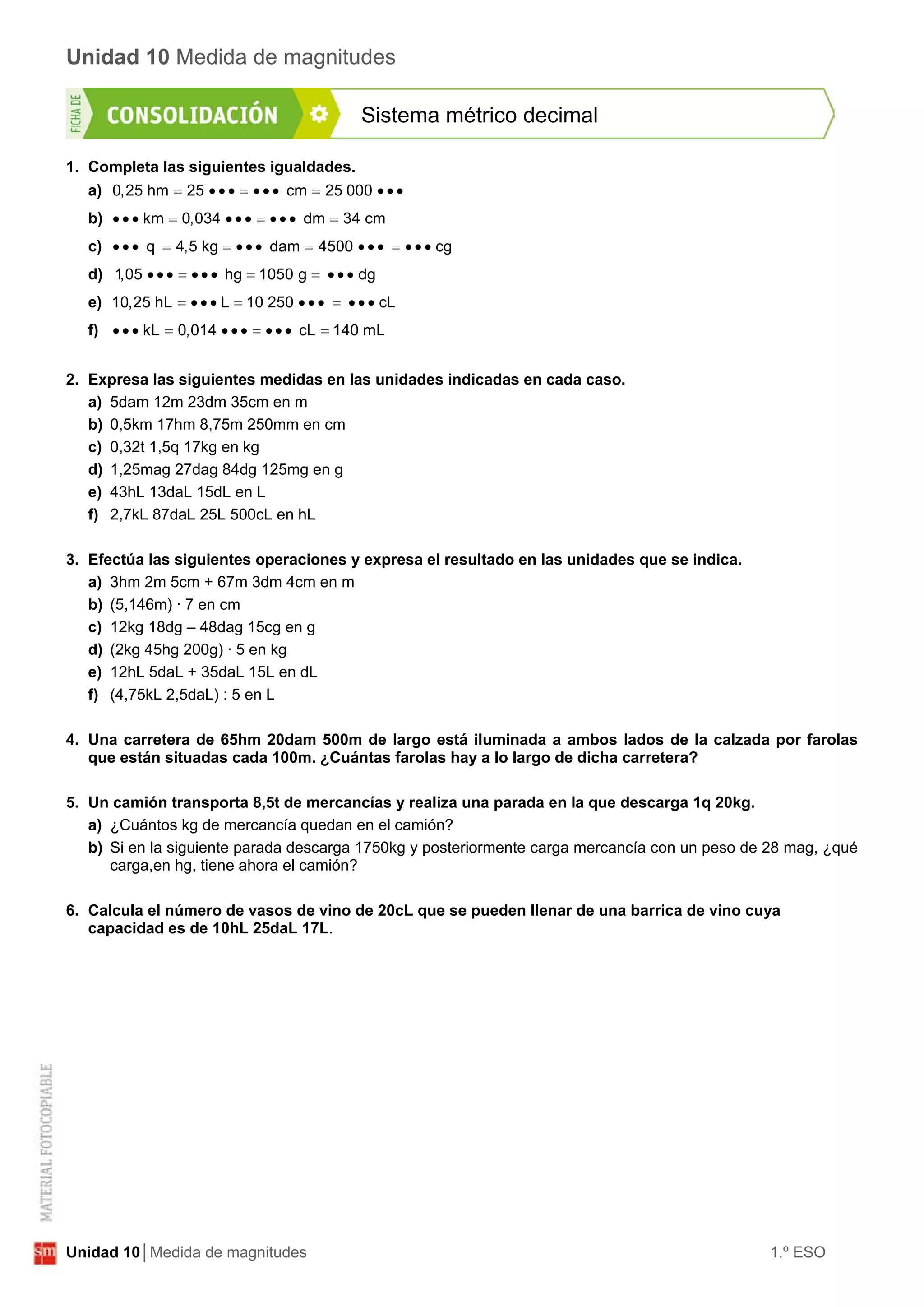 Unidad 10:Sistema métrico Decimal | PDF