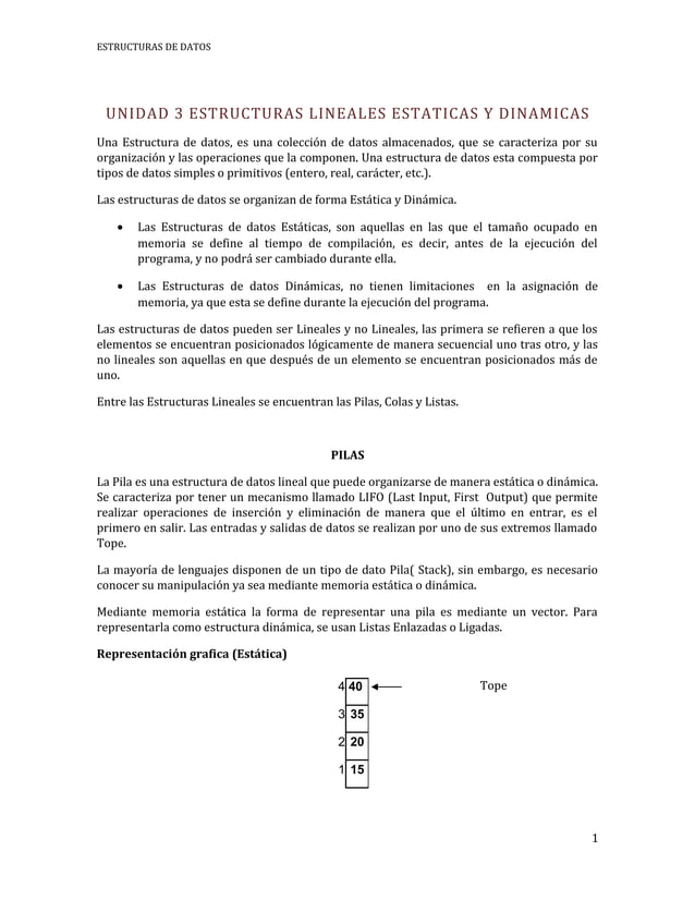 Unidad 3 estructuras lineales estaticas y dinamicas | DOC