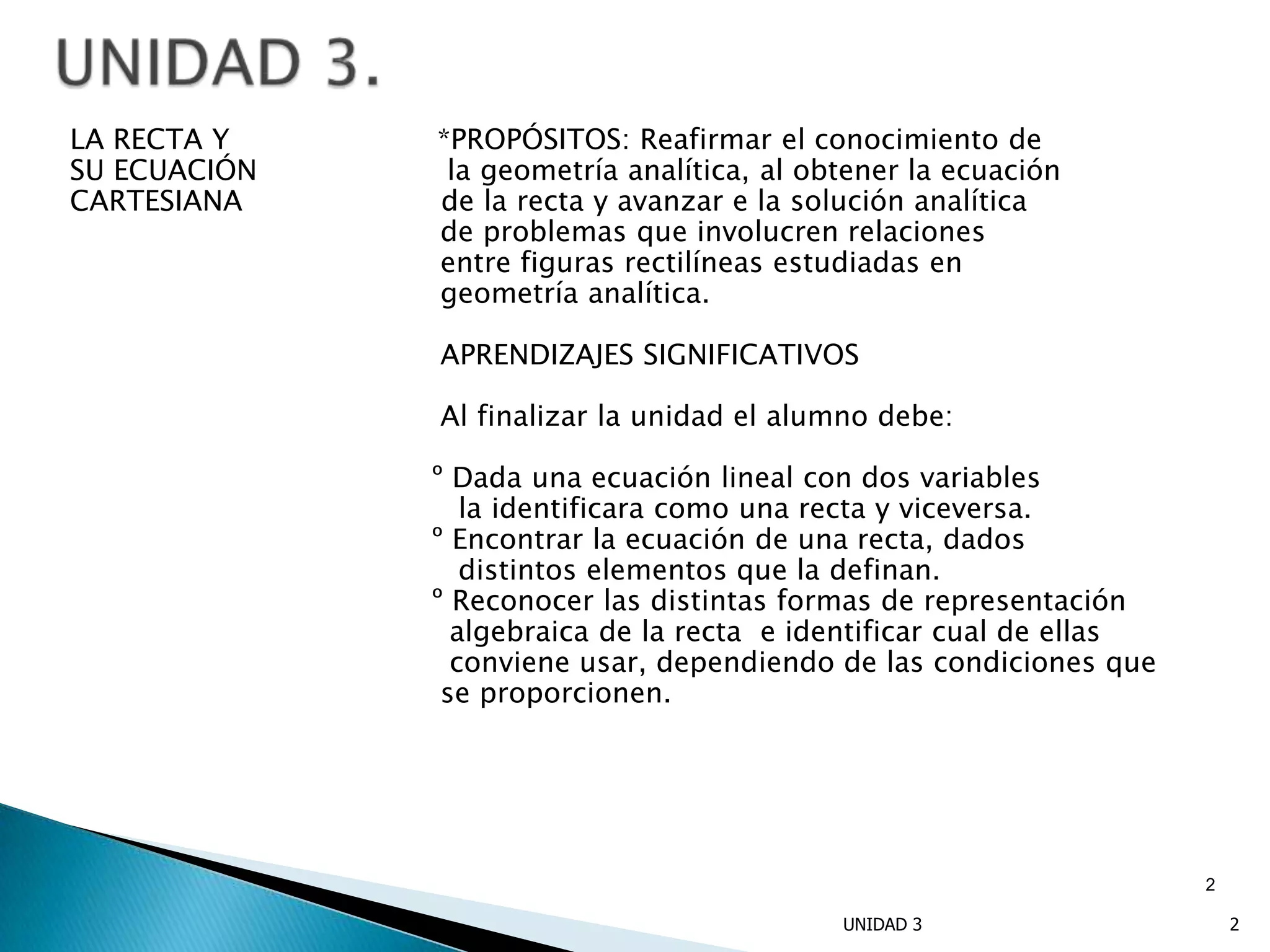 Unidad 3 La Recta Y Su Ecuacion Cartesiana | PPT