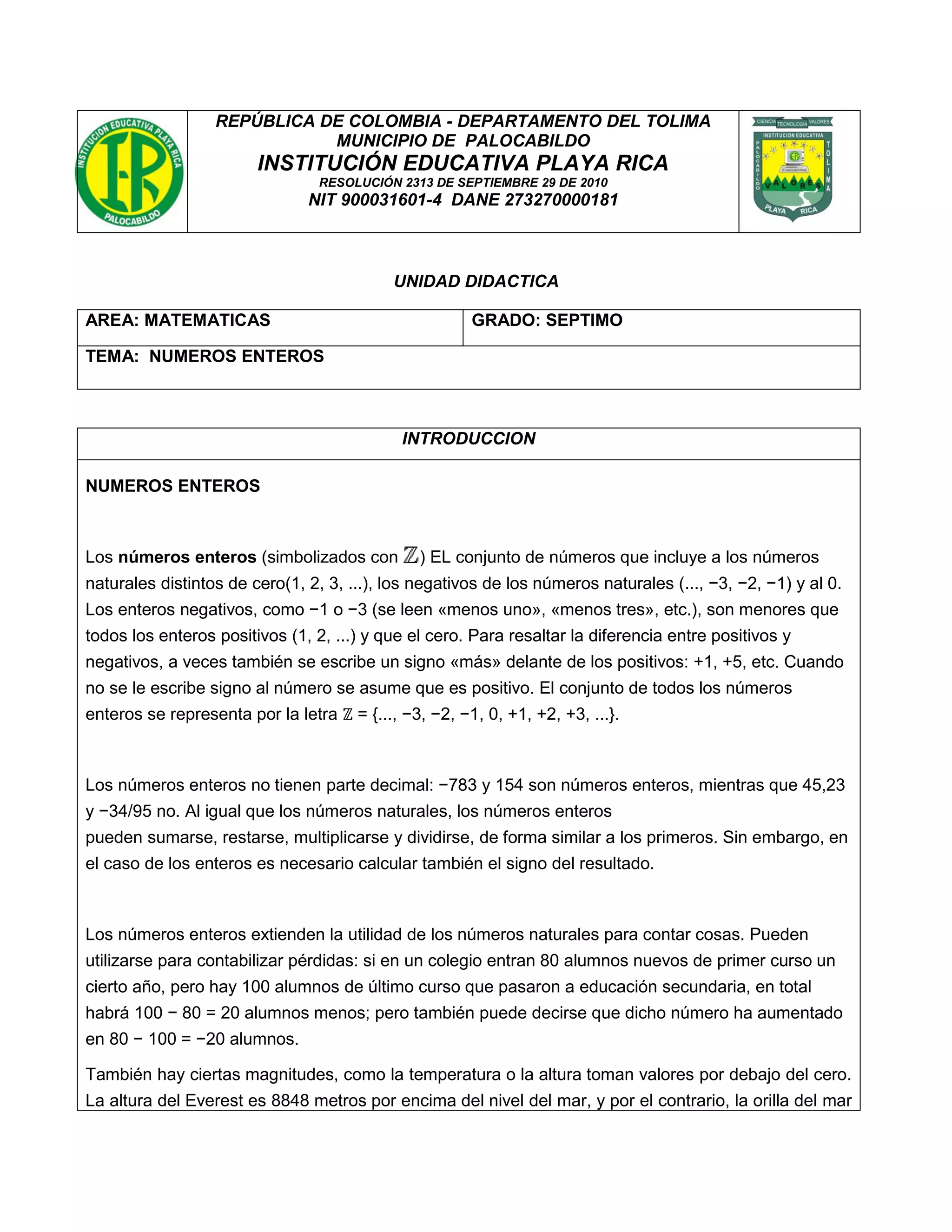 Unidad didactica numeros enteros | PDF
