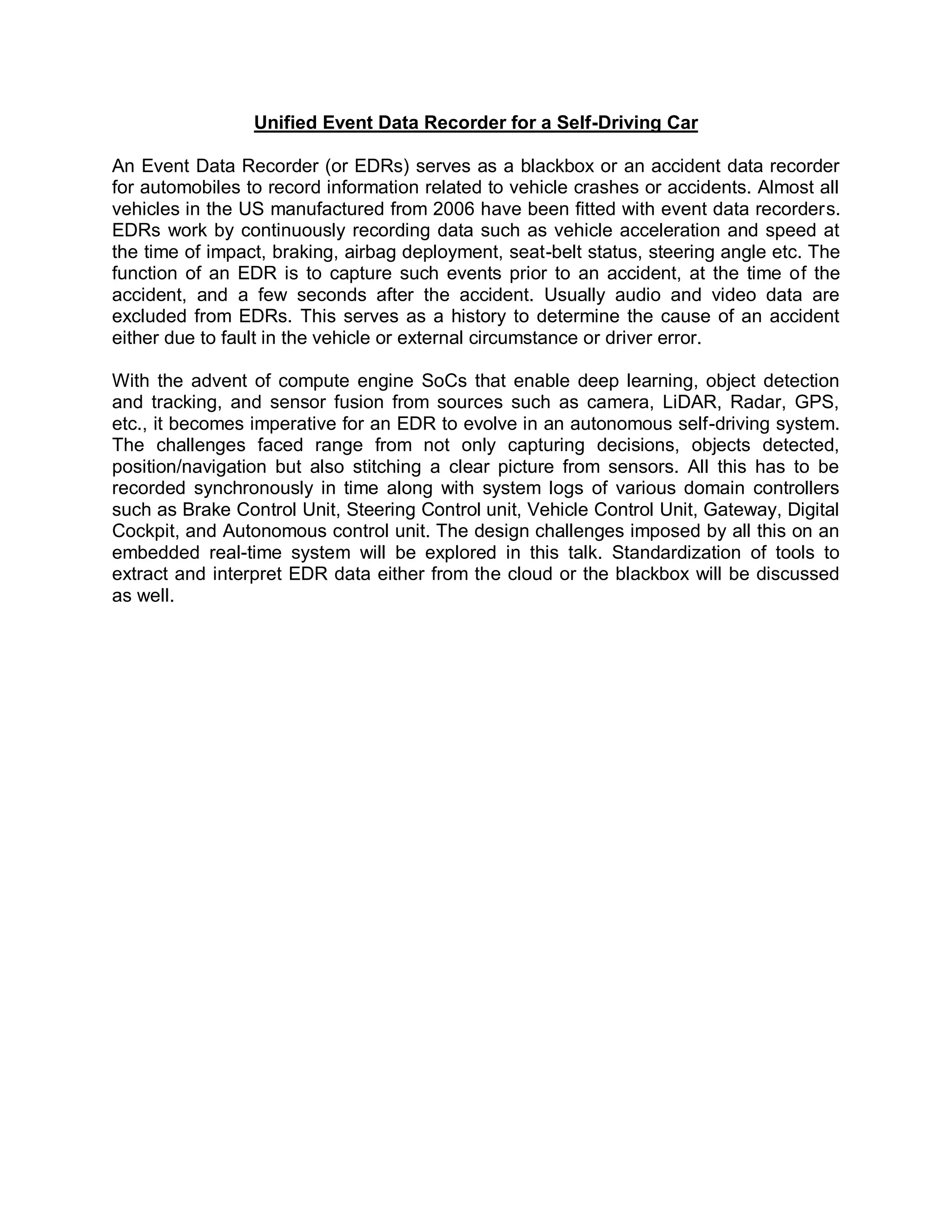 Unified edr for a self driving car | PDF | Auto Safety Technologies ...