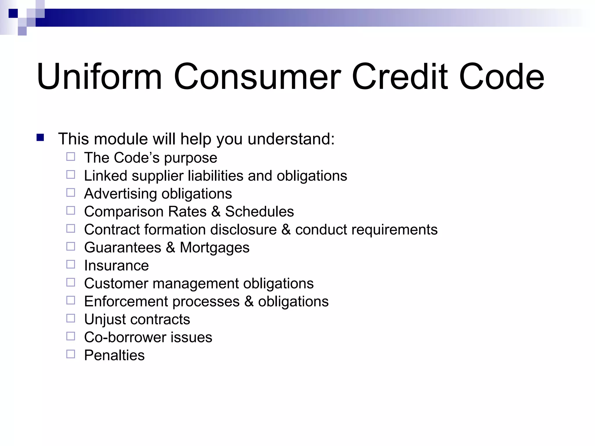Uniform Consumer Credit Code Content | PPT