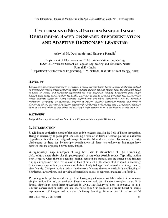 Uniform and non uniform single image deblurring based on sparse representation and adaptive ...