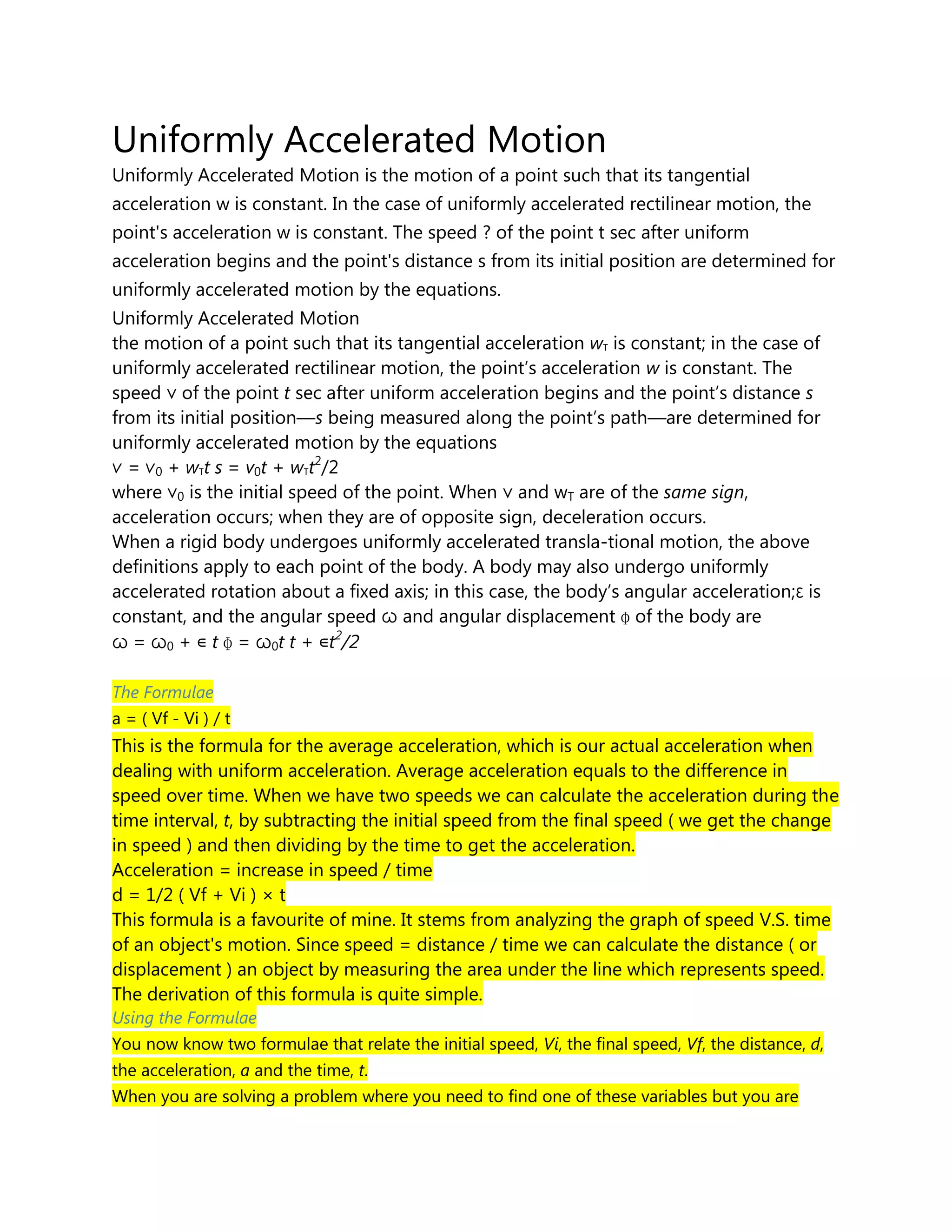 Uniformly accelerated motion | DOCX